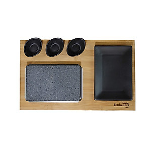 Black Rock Grill Steak Stone, Hot Stone Grill - Sizzling Hot Rock, Indoor Grill, Cooking Stone with Matt Black Ramekins and Side Plate (One Standard Set)