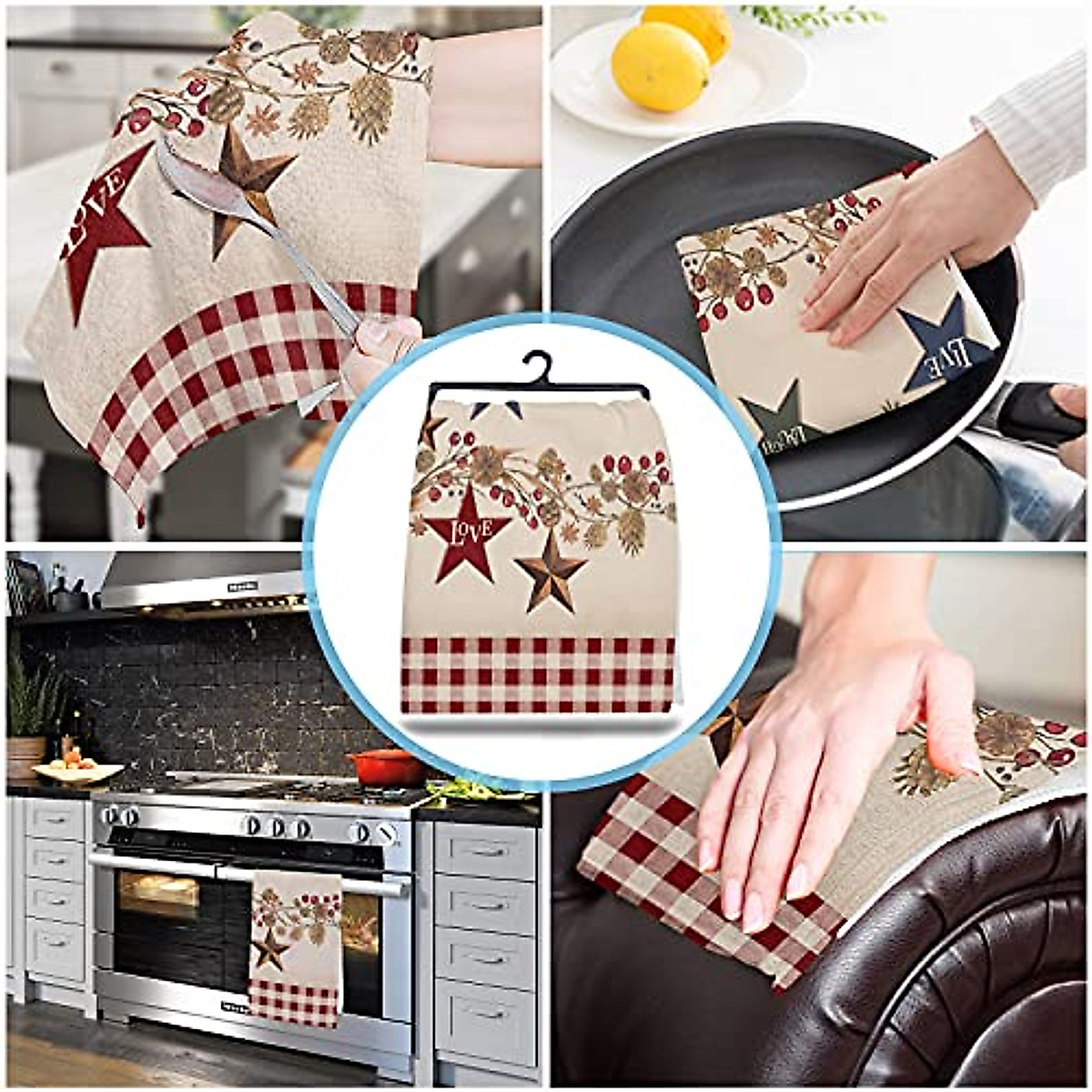 Yun Nist Kitchen Dish Towels,Country Star Berry Burgundy Red Gingham Soft Microfiber Dish Cloths Reusable Hand Towels,Live Laugh Love Text Washable Tea Towel for Dishes Counters 2 Pack