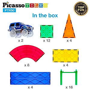 PicassoTiles 50 Piece Race Car Track + Ideabook with Over 150+ Ideas, Magnet DIY Playset 2 Light Up Car STEM Learning Kit Hand-Eye Coordination Fine Motor Skill Training, Unique Innovative Creations