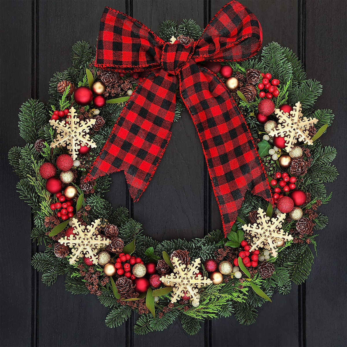 2 Rolls Wired Edge Ribbons Buffalo Plaid Burlap Ribbon Farmhouse DIY Gift Wrapping Crafts for Christmas Bow Wreath Tree Decoration (Red Black Plaid, 2.5 Inch Wide, 39.3 Feet)