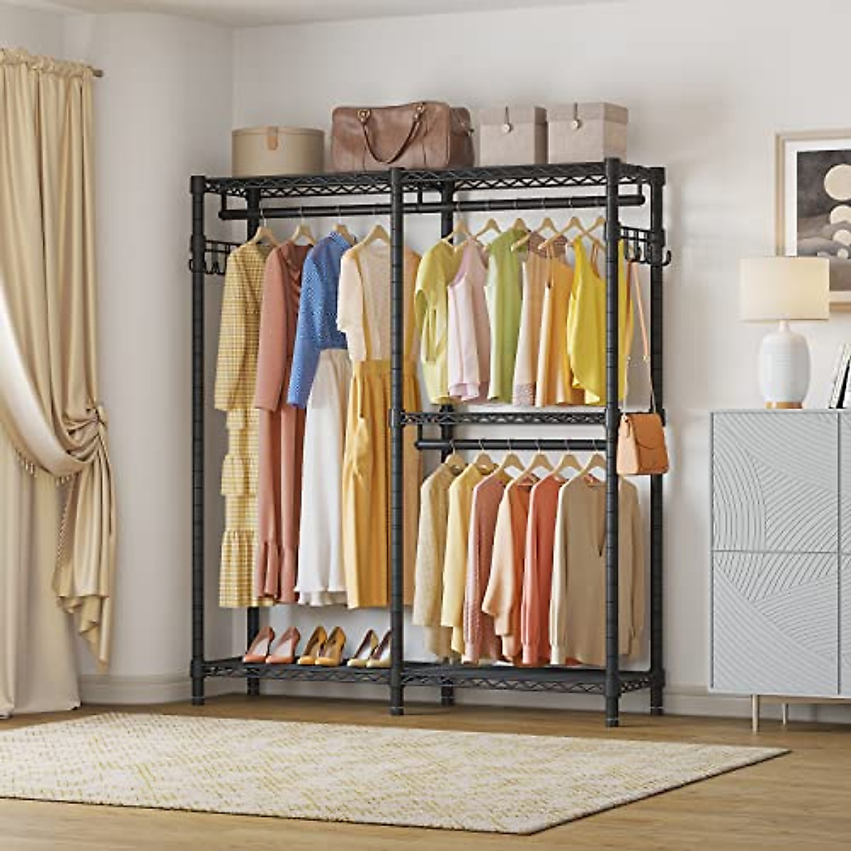 VIPEK V4 Garment Rack Bedroom Armoires Compact Freestanding Closet Storage Organizer, Portable Wardrobe Closet Heavy Duty Clothes Rack Metal Clothing Rack with 3 Hanging Rods & 2 Side Hooks, Black