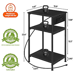 MOOACE Nightstand Black with Charging Station, 3 Tier Black Nightstand End Table with Storage Shelf, Narrow Side Table with USB Ports, for Living Room, Bedroom and Balcony, Black