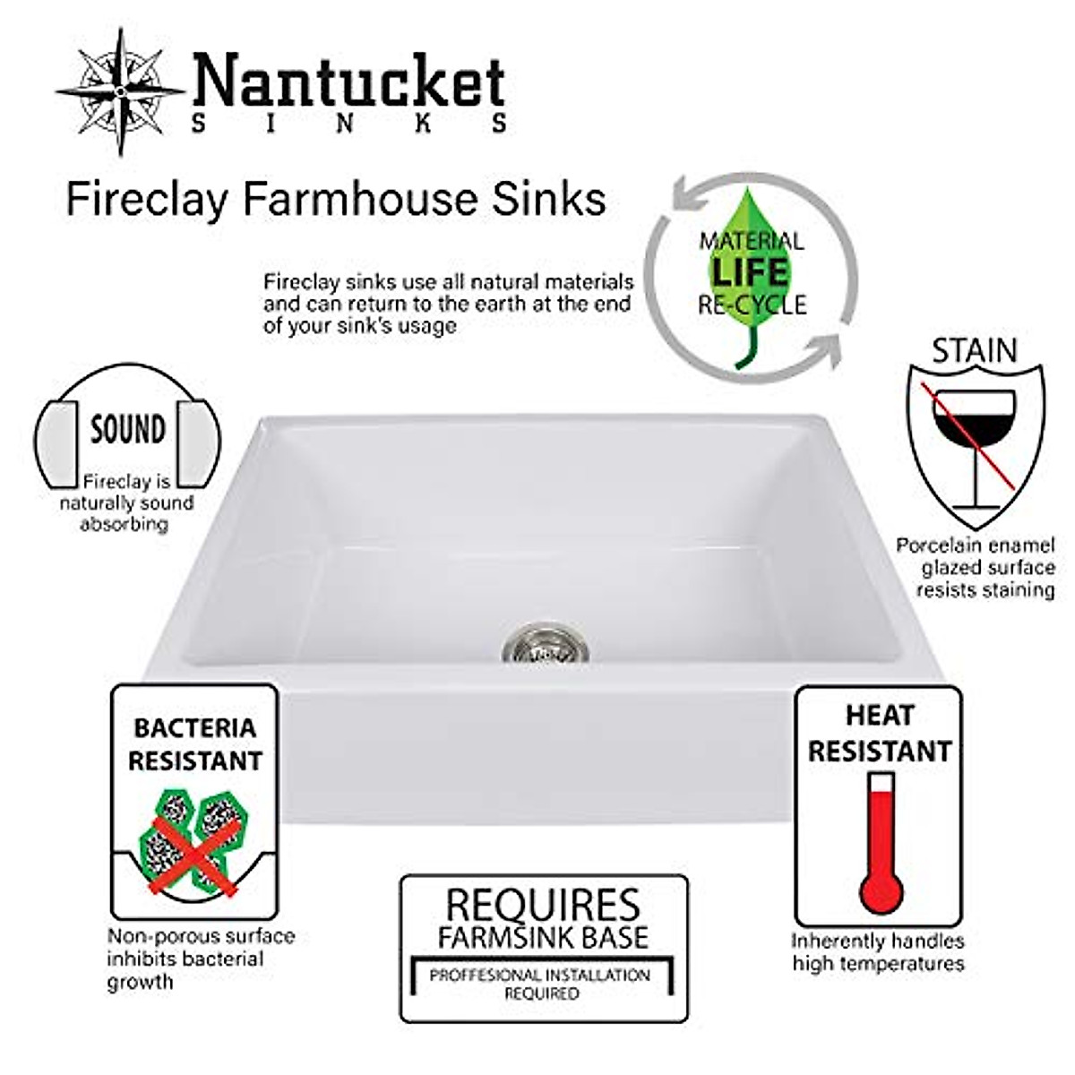 Nantucket Sinks T-FCFS-20 20-Inch Single Bowl Fireclay Farmhouse Kitchen Sink, White