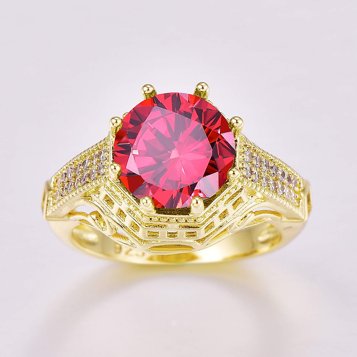 Narica Women's Yellow Gold Plated Vintage Round Cut Created Garnet Openwork Rings Band CZ Cubic Zirconia Filled for Mom 8#
