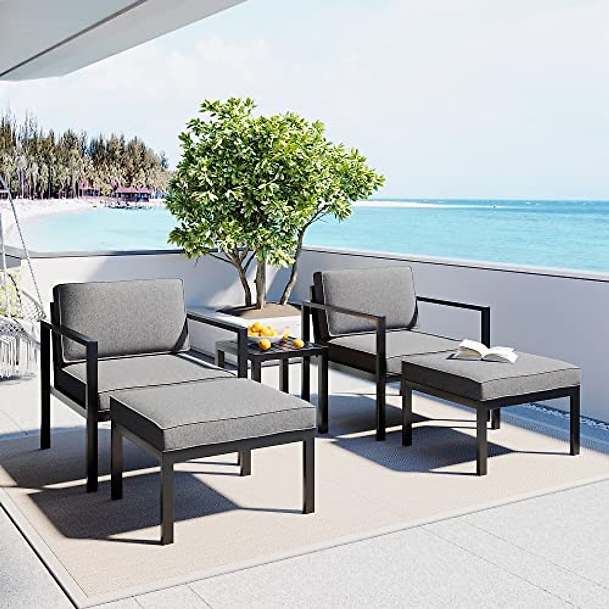 Outdoor Alloy Conversation Set Sofa W/Coffee Tablestools Grey Modern Contemporary Vintage Steel Finish Coffee Table Cushion Included