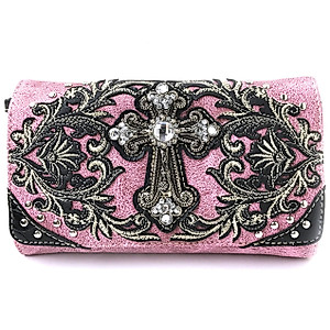 Justin West Concealed Carry Vineyard Western Embroidered Tooled Cross Handbag (Light Pink - Wallet ONLY)