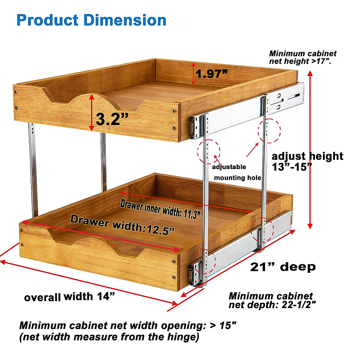 DINDON 2 Tier Pull Out Cabinet Organizer (14" W x 21" D) Double Tier Slide Out Wood Drawer Under Cabinet Storage And Organization