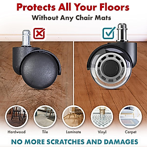 SEDDOX Office Chair Wheels Replacement Set of 5 - Dual 2 Inch Soft Chair Casters for Hardwood Vinyl Tile - Heavy Duty & Safe for All Floors - Fits 98% of Computer Gaming & Office Chairs - Grey