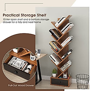 OFFICEJOY 10-Tier Tree Bookshelf, Floor Standing Bookshelf with Drawer, Small Bookcase for CDs, Books, Magazines,Utility Organizer Shelves for Living Room, Study, Bedroom, Office, School, Brown