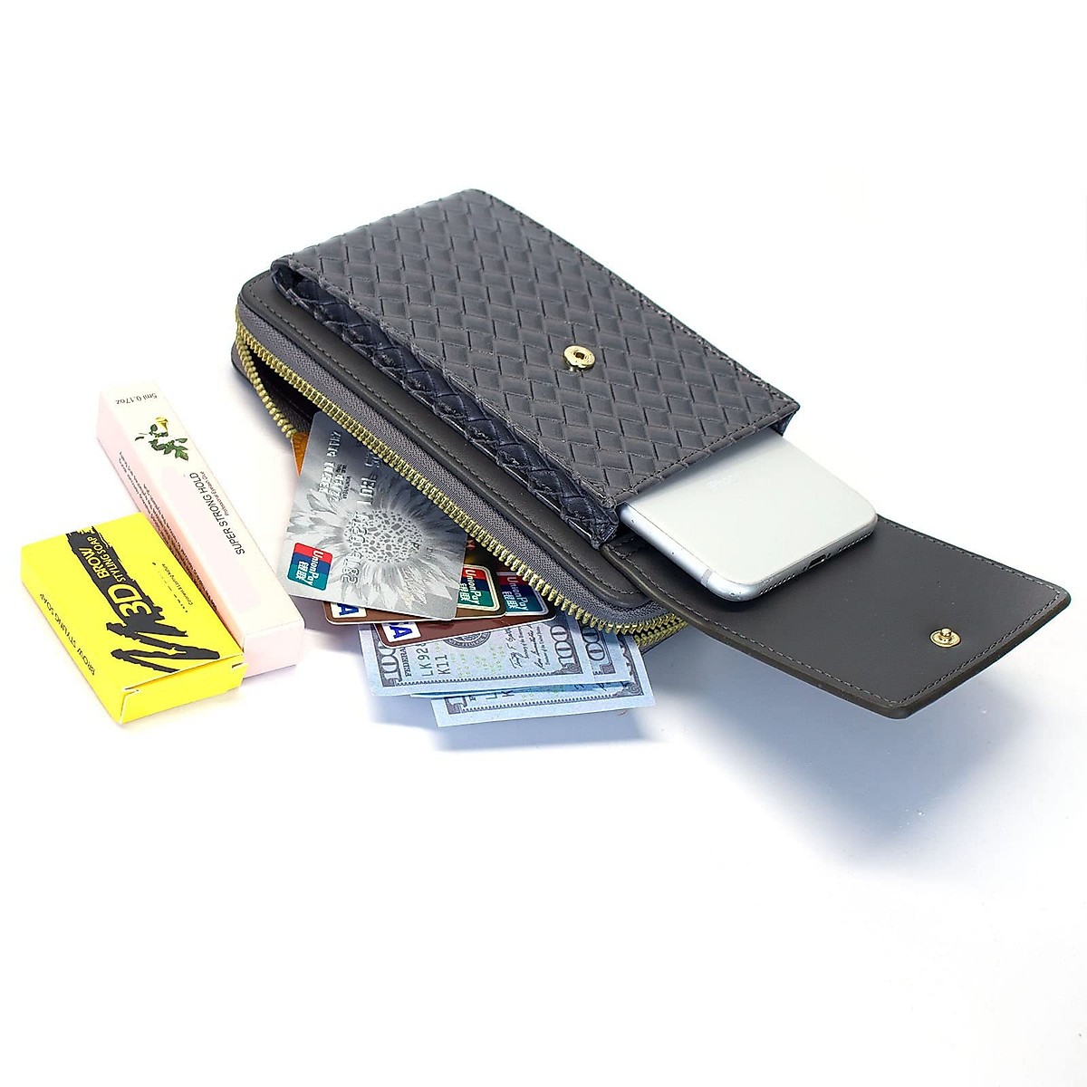 Small Crossbody Bag Phone Purse Handbag Card Zip Wallet Case Woven Leather Casual Daypack Satchel for Women(Morandi Grey)