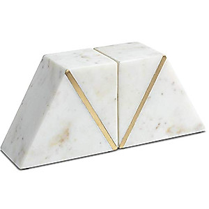 Cork & Mill Marble Bookends - Set of 2 Heavy Decorative Book Stoppers with Non-Skid Bottom - Handcrafted Solid Marble Bookshelf Decor (White + Brass)