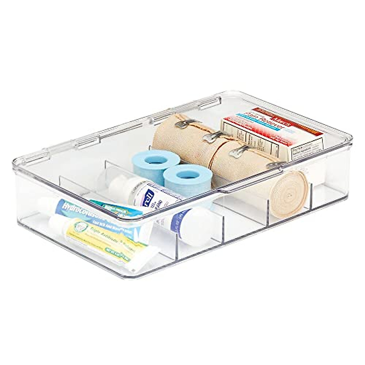 mDesign Plastic Divided First Aid Storage Box Kit with Hinge Lid for Bathroom, Cabinet, Closet - Organize Medicine, Ointments, Adhesive Bandages - 5 Sections, Ligne Collection, Clear