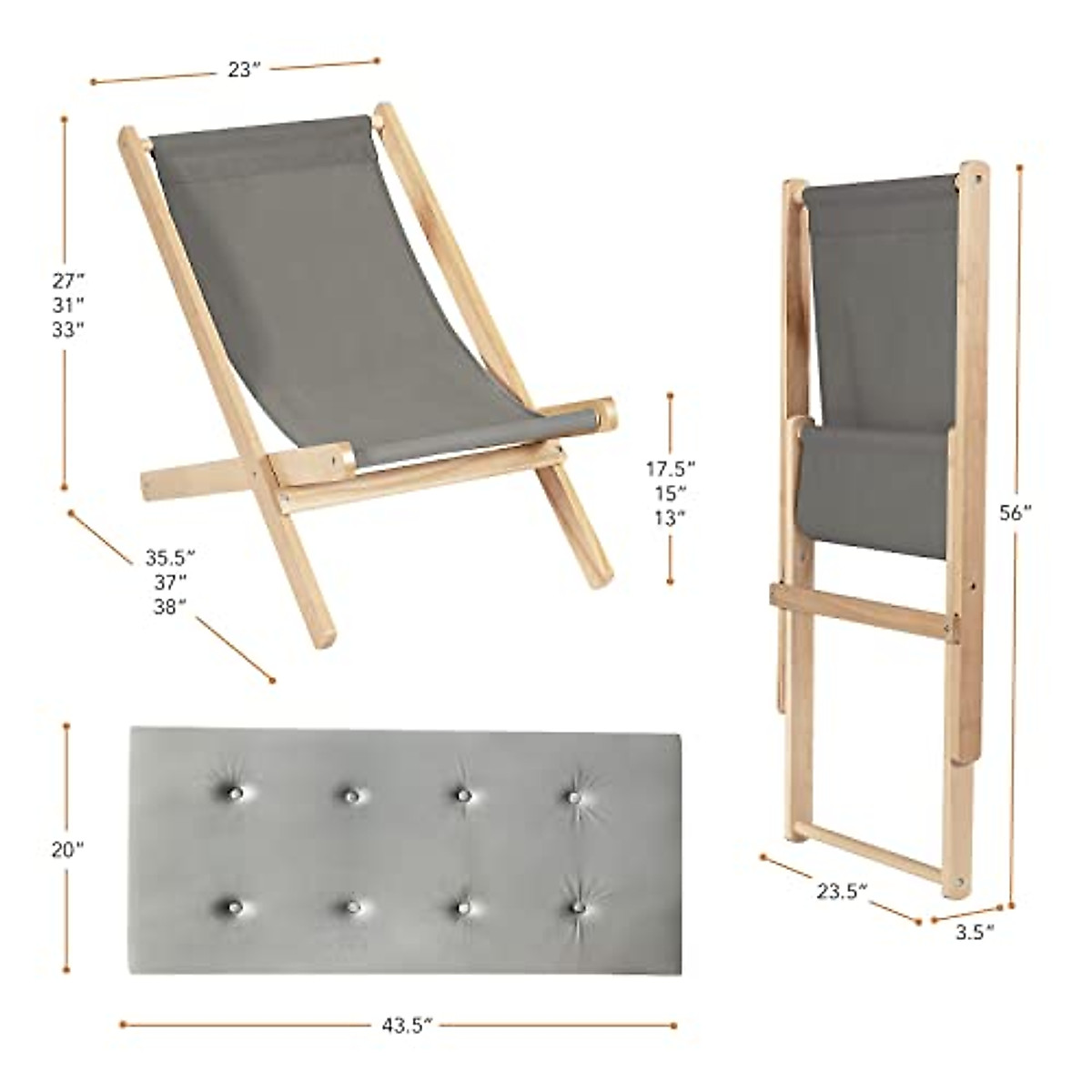 Tangkula Folding Sling Chair, Outdoor Wood Portable Beach Chair with 3-Positions Adjustable Backrest, Patio Lounge Chair with Thick Cushion for Yard Poolside Balcony (2)