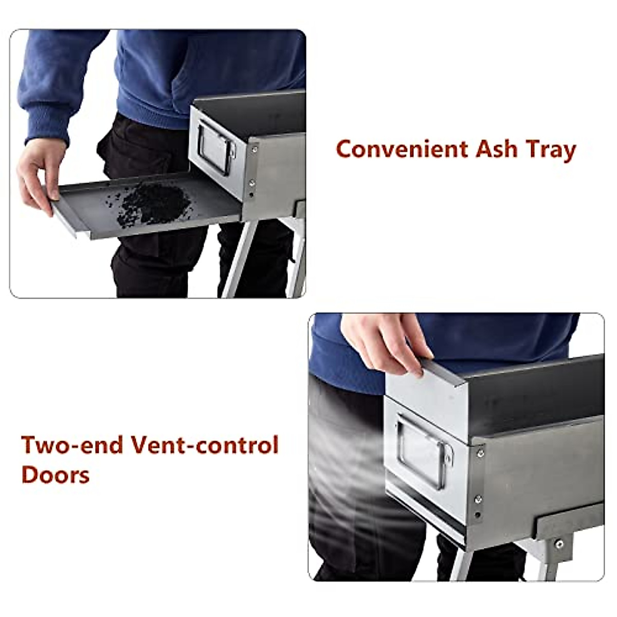 Portable Charcoal Grill - Stainless Steel BBQ Grill with Foldable Stand Adjustable Air Vents, Lamb Skewer Camping Barbecue Grill, Ideal for Outdoor BBQ, Picnic, Camping Backyard Party (31.6x7.1inch)