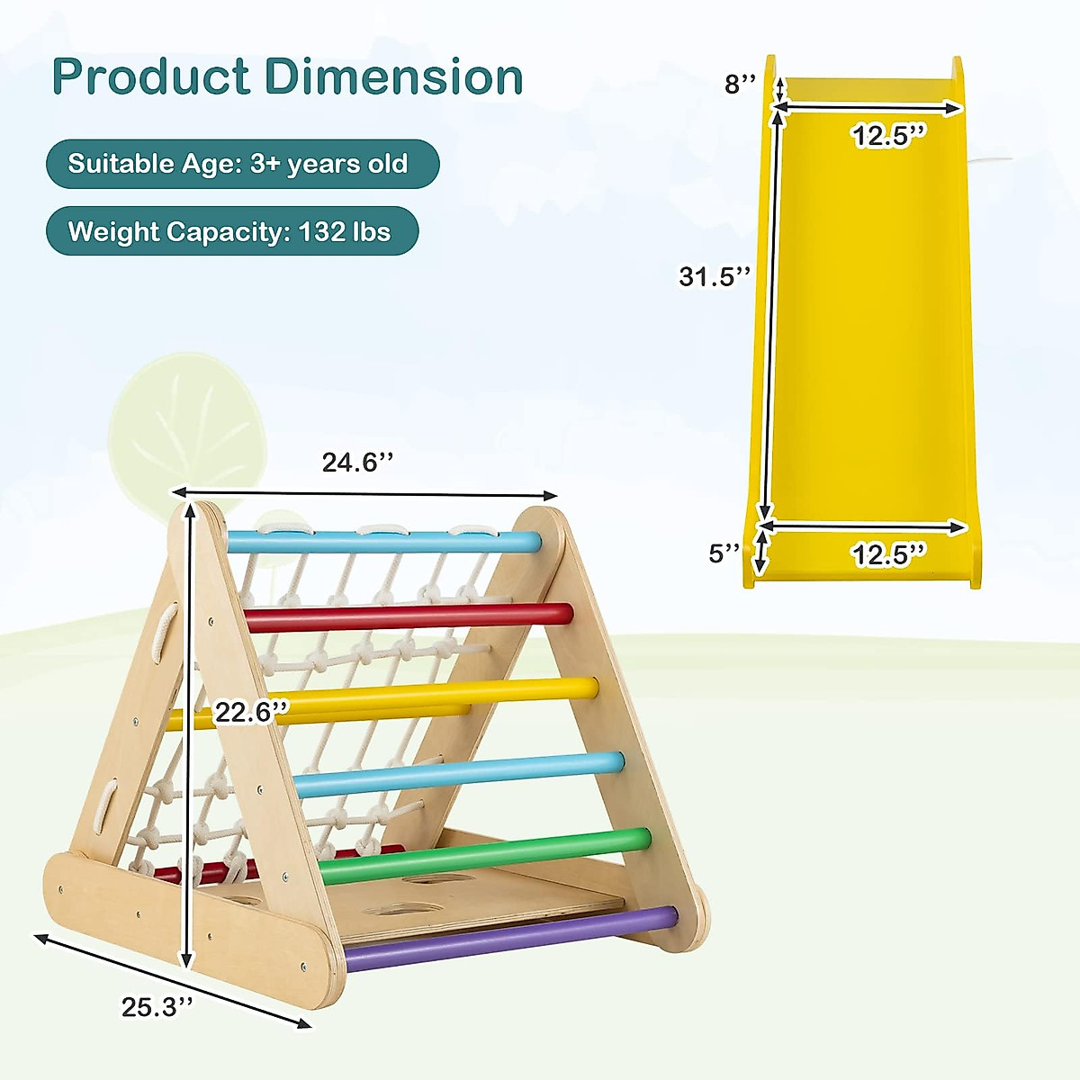 Costzon 4 in 1 Climbing Toy for Toddlers, 3-Sided Montessori Wooden Triangle Climber with Sliding Ramp, Climbing Net & Board, Kids Boys Girls Indoor Gym Playset Gift for Home, Daycare
