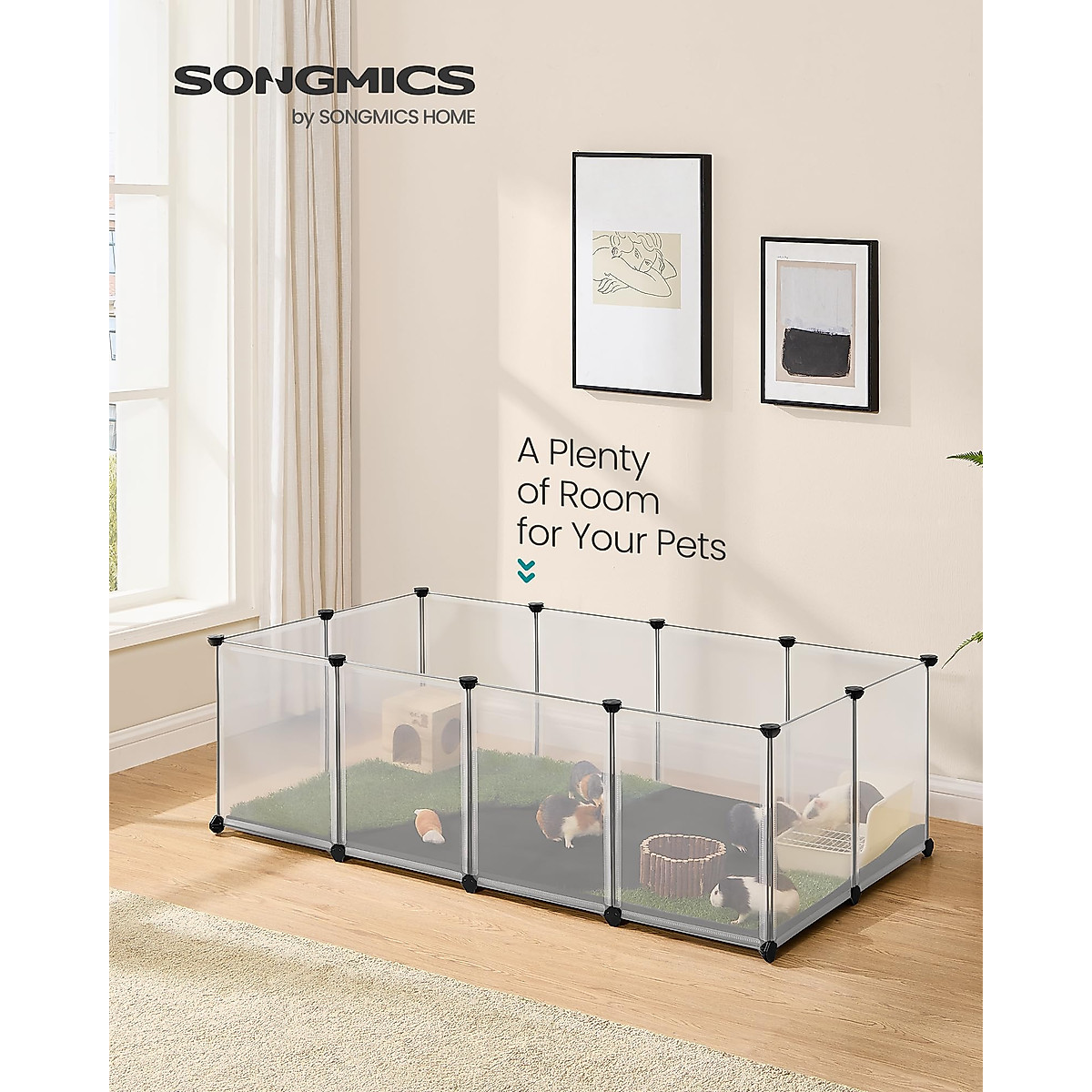 SONGMICS 20 Panels Guinea Pig Playpen,Removable Oxford Fabric Mat,Small Animal Pen, Pet Fence Indoor,DIY Plastic Enclosure for Hamsters, Rabbits, Hedgehogs, 49.2 x 24.8 x 16.5 Inches, White ULPC009W01