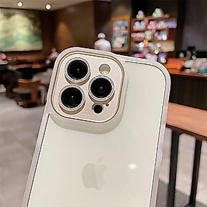 MZELQ for iPhone 14 Pro Max Case Cute with Metal Bling Camera Lens Cover Sparkly Diamond Crystal Back Clear & Matte Bumper Silicone Shockproof Protective Case for Girls and Women - Gold