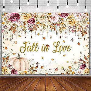 AIBIIN 7x5ft Fall in Love Backdrop Autumn Wedding Engagement Bridal Shower Party Decorations for Couple Pumpkin Gold Maple Leaf Burgundy Pink Floral Photography Background Banner Photo Shoot Props