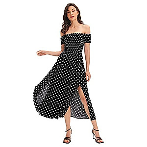 Floerns Women's Boho Floral Print Off Shoulder Split Long A Line Dress Black White Dots S