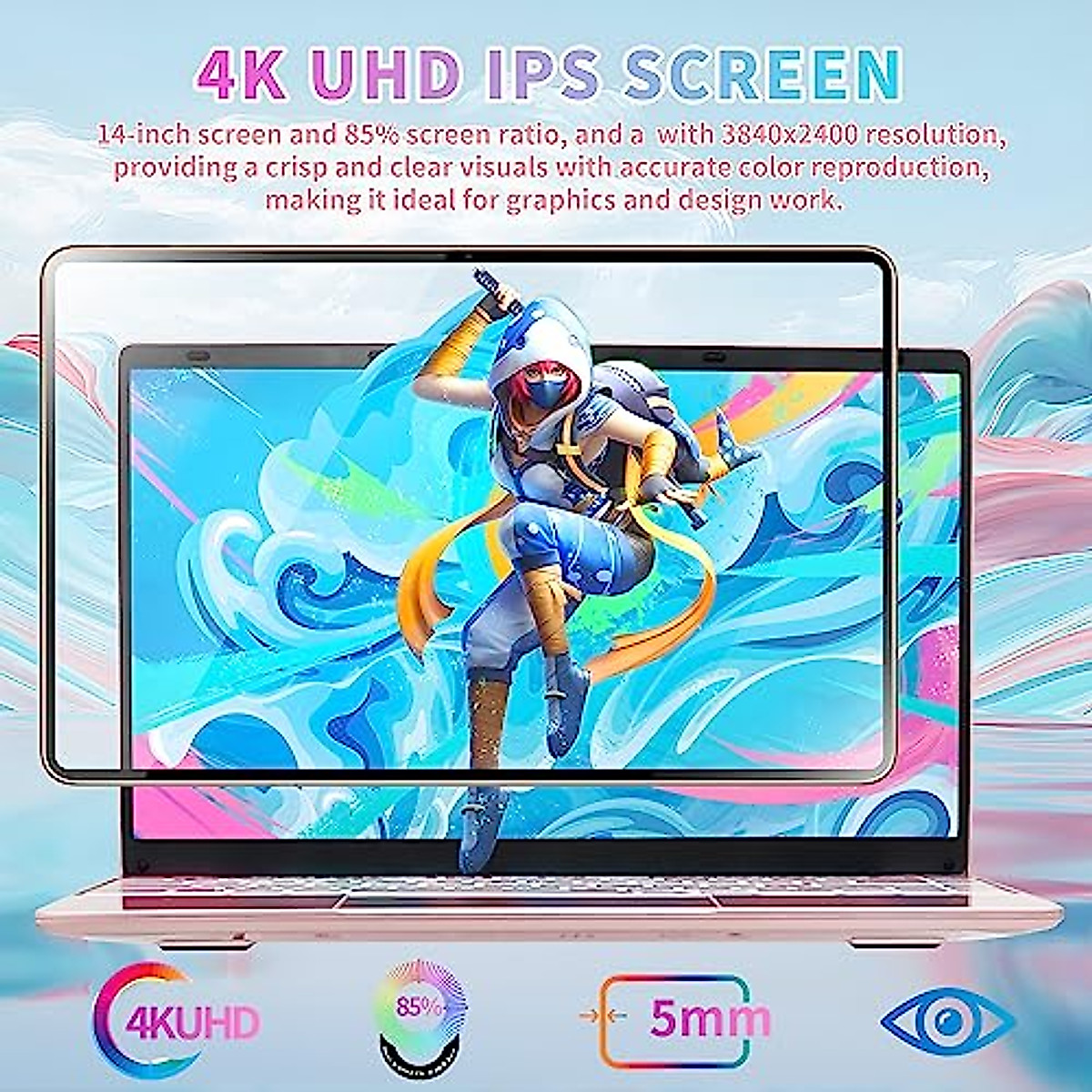 【Win 11 Pro/Office 2019】 4K Laptop 14" Narrow Bezel UHD (3840x2160) IPS Display, Celeron N5095 CPU, 16GB RAM, 512GB SSD, Color Backlit KB, Fingerprint Reader, WiFi, HDMI, Rose Gold(16G+512G)