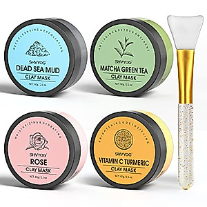 4 Pcs Clay Mask Set, Turmeric Vitamin C Clay Mask , Green Tea Mask, Dead Sea Mud Mask, Rose Clay Mask, Skin Care Face Mask Clay Facial Mask for Deep Cleansing, Moisturizing and Refining Pores (240g in Total)