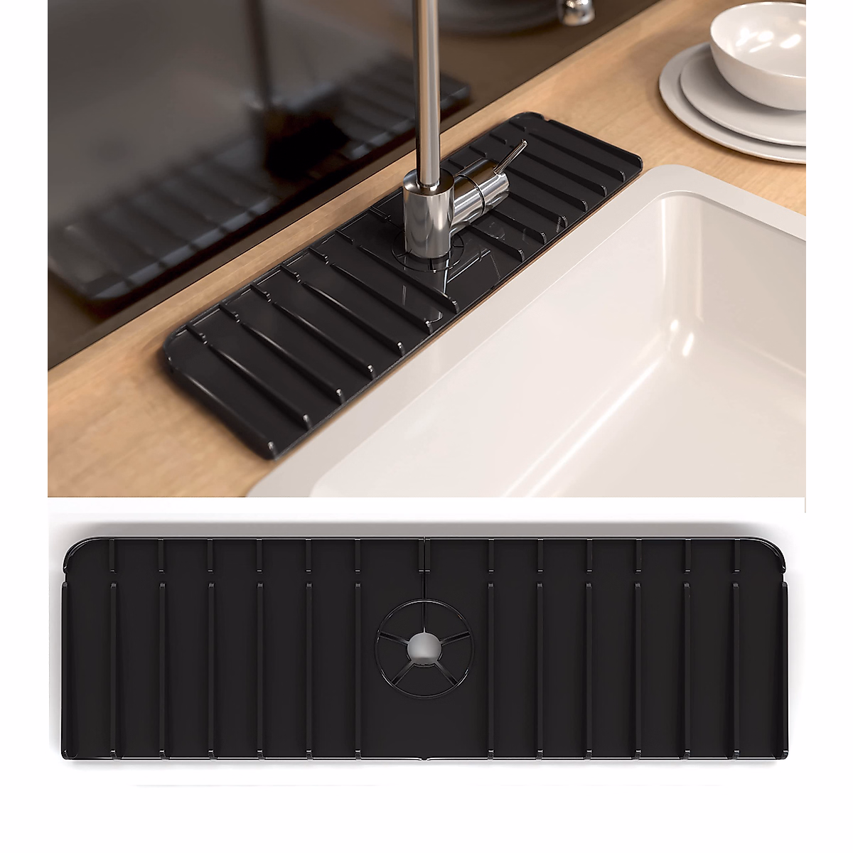 BLISSY LIFE Kitchen Sink Splash Guard - Silicone Mat Behind Faucet, Handle Drip Water Catcher Tray, Counter Backsplash Protector for Bathroom Kitchen RVs Farmhouse - 14 Inches (Black)