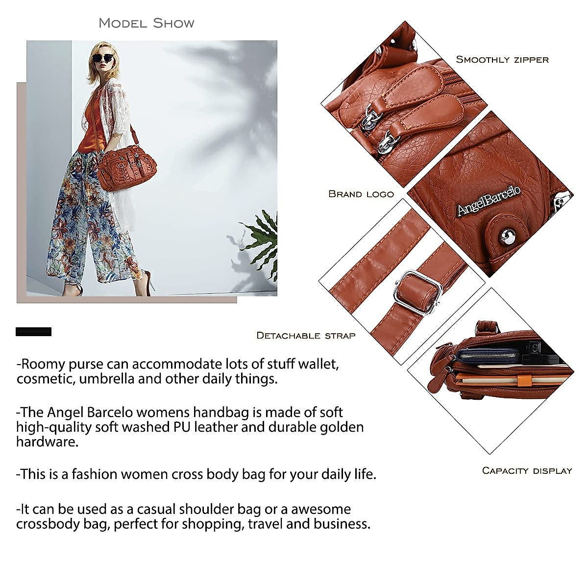 Angel Barcelo Purses and Handbags Women Tote Shoulder Bag Top Handle Satchel Hobo Bags Fashion Washed Leather Purse Brown