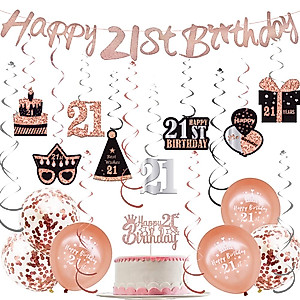 WOJOGO 21st Birthday Decorations For Her, Rose Gold & Black 21 Birthday Decorations Including 21st Birthday Banner Hanging Swirls Cake Topper Balloons for Party Supplies