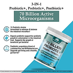 Probiotics 70 Billion CFU – 15 Probiotic strains + Organic Prebiotic+ Postbiotic 3-in-1 Complete – Promotes Healthy Digestive & Immune Function –Gas, Bloating, Constipation Support – for Men & Women