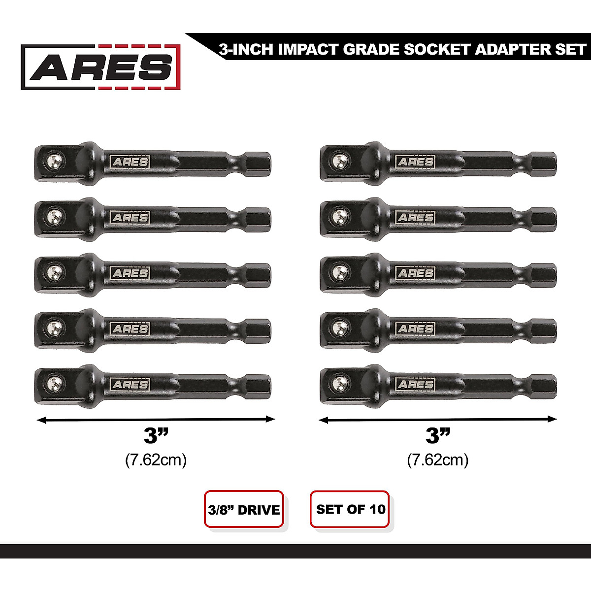 ARES 70387-10-Piece 3/8-Inch Drive 3-Inch Impact Grade Socket Adapter Set - Turns Impact Drill Drivers into High Speed Socket Drivers