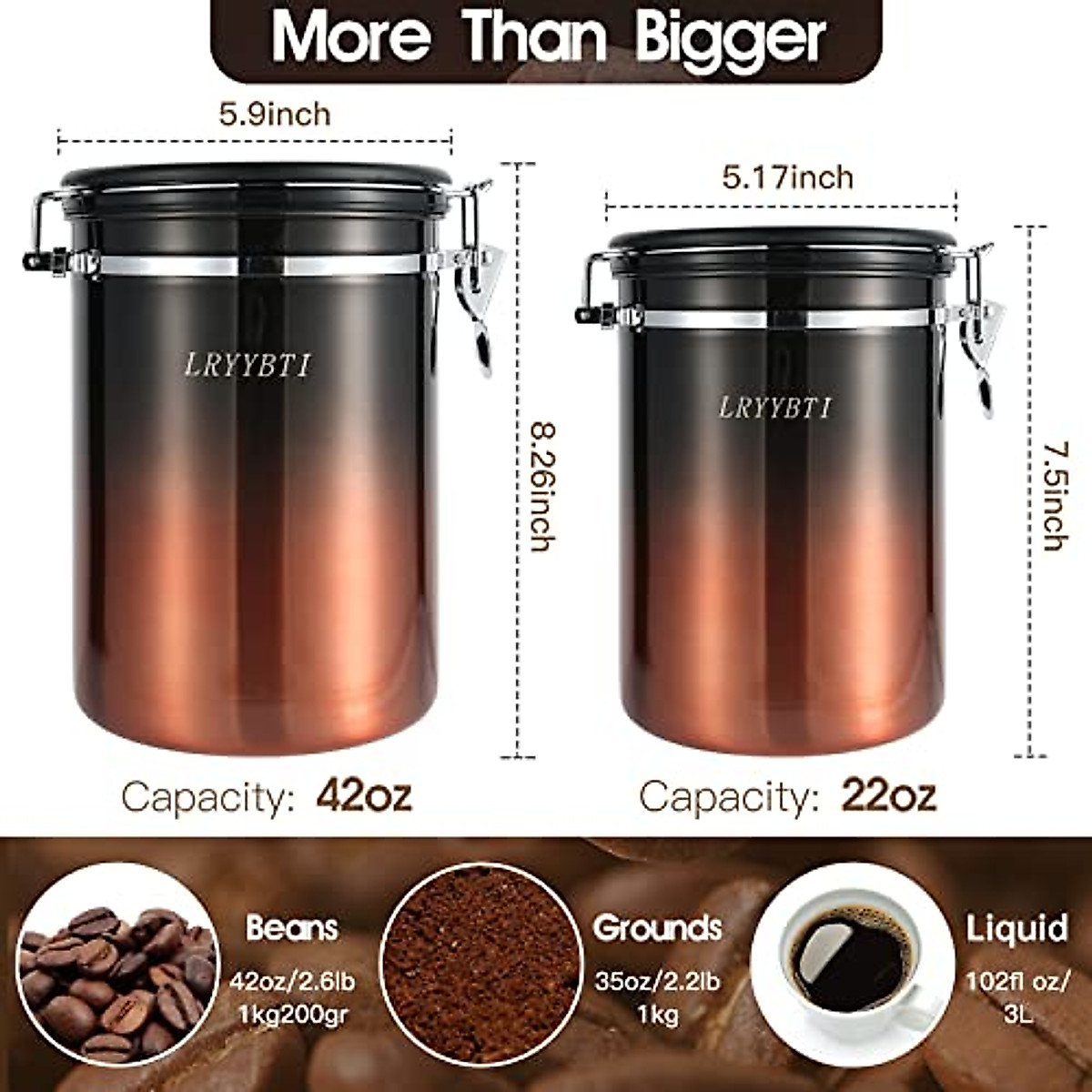 LRYYBTI 38oz Extra Large Coffee Canister, Airtight Stainless Steel Coffee Bean Storage Container with Scoop and Date Tracker, CO2 Release Valves Included, Copper