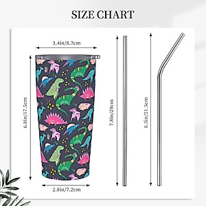 20oz Tumbler Hand Drawn Cute Dinosaur Double Wall Vacuum Insulated Coffee Mug with Lid and Metal Straw Brush Reusable Stainless Steel Water Bottle Travel Cup Gifts for Car Ice Drinks Hot Beverage