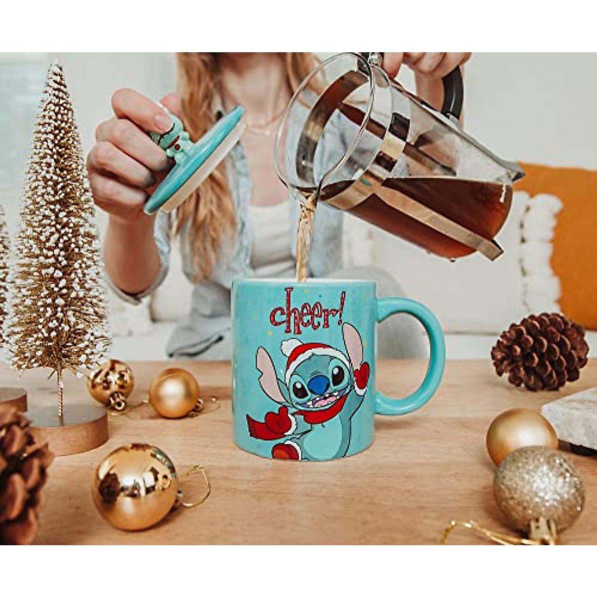 Disney Lilo & Stitch Holiday Cheer Ceramic Mug With Lid | Large Coffee Cup For Espresso, Caffeine, Tea