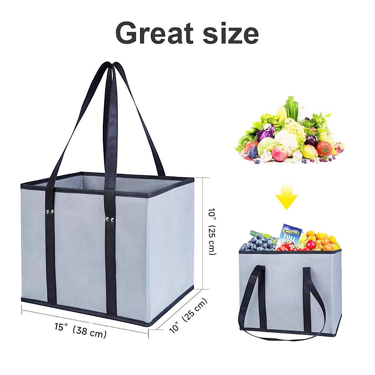 musbus 2-Pack Reusable Grocery Bags Shopping Bags Tote Box Large Heavy Duty Groceries Bag Handles Foldable Reinforced Bottom (Gray)