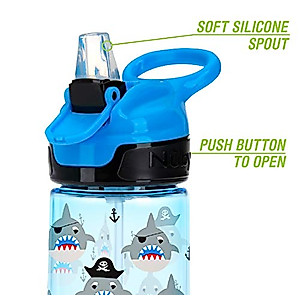 Nuby Push Button Flip-it Soft Spout Tritan Water Bottle, Blue Sharks, 18 Oz