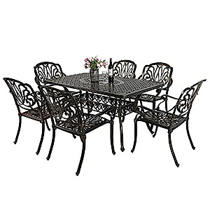 VIVIJASON 7 Pieces Cast Aluminum Outdoor Furniture Dining Set, Include 6 Chairs and a Rectangle Table with 2" Umbrella Hole, Patio Conversation Set for Lawn Garden Porch