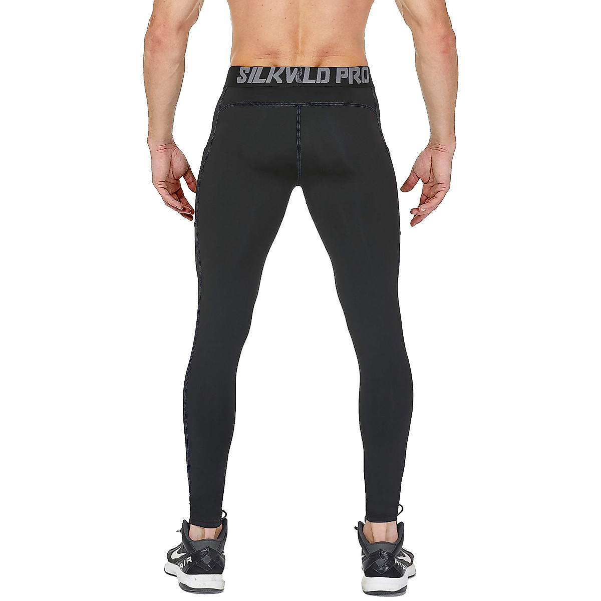 SILKWORLD Men's Compression Workout Pants Cool Dry Running Leggings Baselayer Athletic Tights, Pack of 3_Dark Navy+Black(Blue Double Stripe)+White,Large