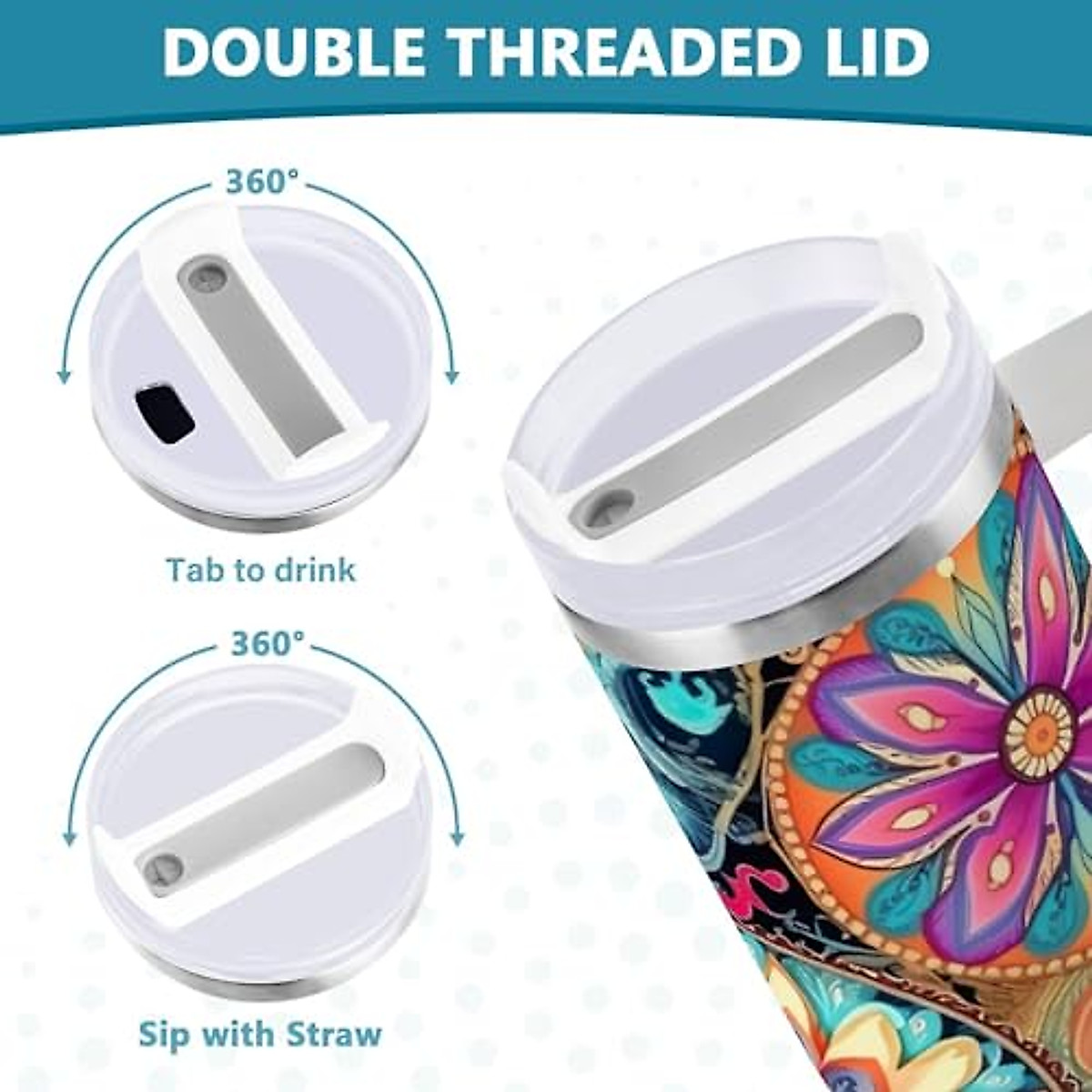 Jihqo Colorful Oriental Textile Tile 40 oz Stainless Steel Vacuum Insulated Tumbler with Handle and Straw Lid, Leakproof Water Bottle Double Wall Travel Mug Coffee Cup, Cupholder Friendly