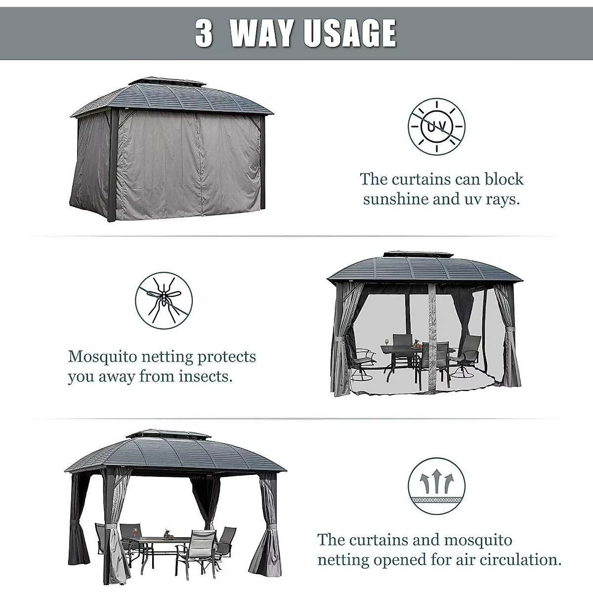 Domi 10'x12' Hardtop Gazebo Arc Canopy,Outdoor Aluminum Gazebo with Galvanized Steel Double Roof,Curtain and Netting,Permanent Gazebos Pavilion for Patio Deck,Backyard,Gray