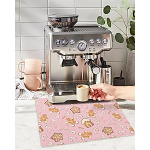 Coffee Mat for Counter, Christmas Cute Gingerbread Man Pink Absorbent Hide Stain Coffee Bar Mat, Non-slip Coffee Bar Accessories Kitchen Drying Mat Fit Under Coffee Maker Espresso Machine