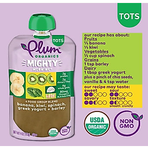 Plum Organics Mighty Morning Organic Toddler Food - Banana, Kiwi, Spinach, Greek Yogurt, and Barley - 4 oz Pouch - Organic Fruit and Vegetable Toddler Food Pouch