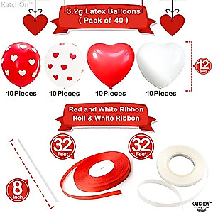 Red and White Valentines Day Balloons Latex - Pack of 40 | Heart Shaped Balloons for Valentines Day Decorations | Red Heart Balloons for Romantic Decorations Special Night | Valentines Decorations