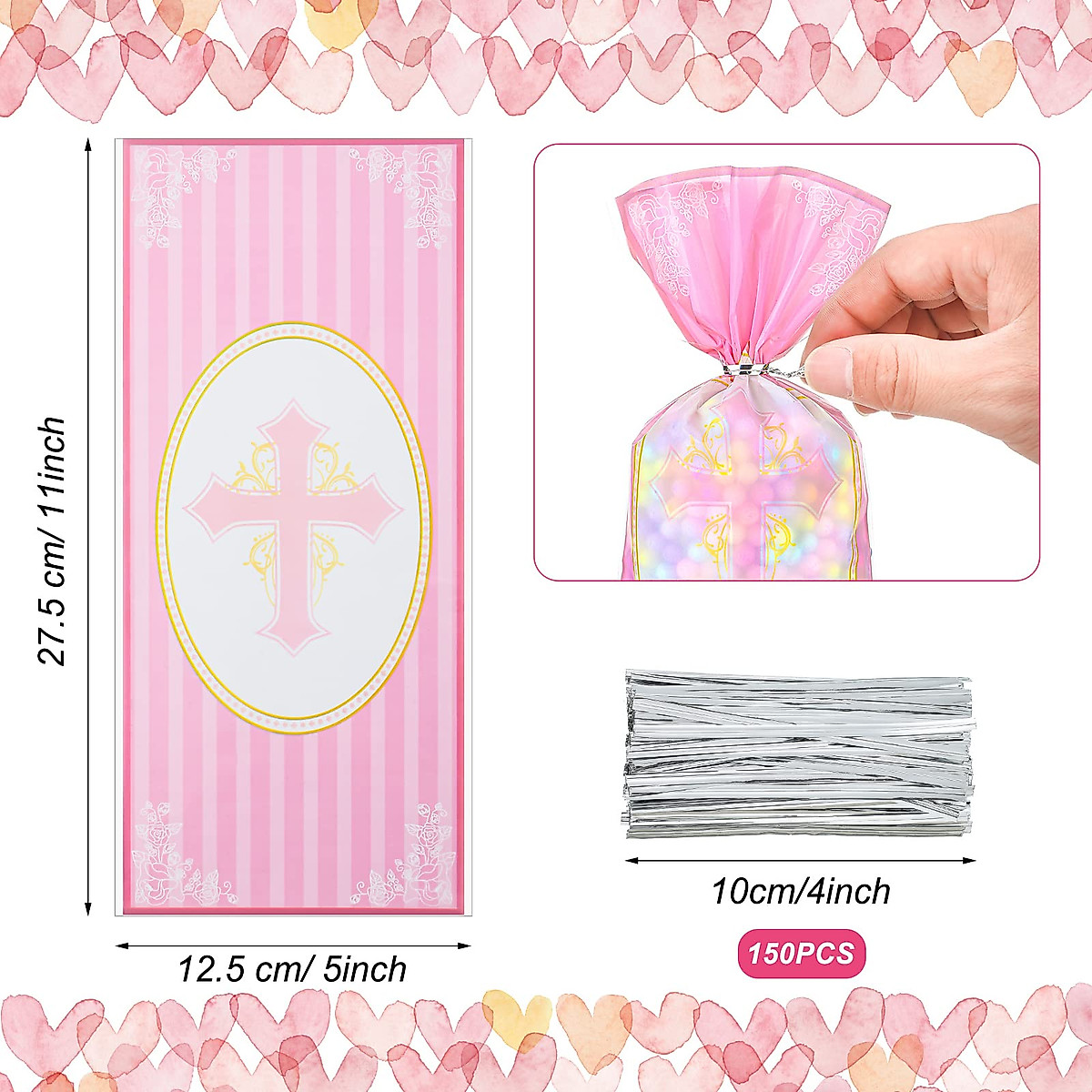 HOTOP 100 Pcs Baptism Cellophane Bags Christian Gift Treat Bag Religious Goodie Candy with 150 Ties First Communion Party Supplies Christening Confirmation Baby Shower Serves for Boy and Girl, Gold