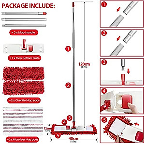 Almcmy Microfiber Mop for Floor Cleaning, 18 inch Dust Mop with 4 Washable Mop Pads, Hardwood Floor Mop with 50” Long Handle, Wet Dry Mop for Wood Laminate Tile Vinyl, 1 Extra Dirt Removal Scrubber