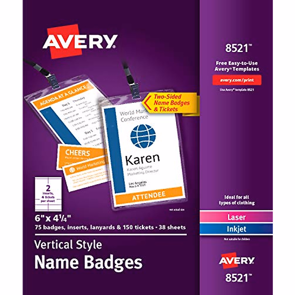 Avery Customizable Name Badges, 6" x 4.25", Printable Name Tag Inserts with Tickets, 75 Vertical Name Tag Holders with Lanyards (8521)