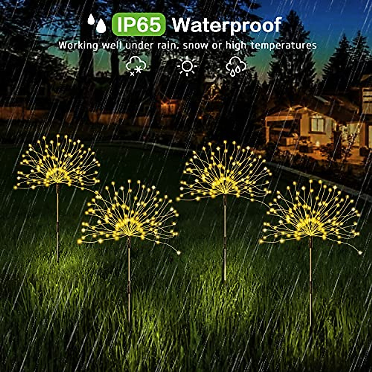 Solar Lights Outdoor, Warm White Garden Lights, 4 Pack Firework Lights with 120 LED Starburst String Lights 8 Modes Fairy Lights with Remote, Wedding Christmas, Lawn Backyard Party Patio Decoration