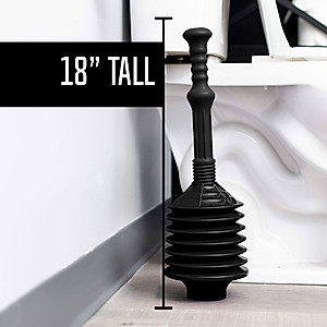 JS Jackson Supplies Professional Bellows Accordion Toilet Plunger, High Pressure Thrust Plunge Removes Heavy Duty Clogs from Clogged Bathroom Toilets, All Purpose Power Plungers for Bathrooms, Black