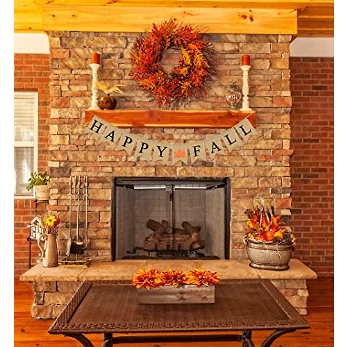 Happy Fall Burlap Banner - Assembled with Maple Leaf Design - Harvest Time & Halloween Party Decor - Thanksgiving Pre Strung Holiday Garland by Jolly Jon