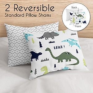 Sweet Jojo Designs Navy Blue and Green Modern Dinosaur Boys or Girls 3 Piece Full/Queen Bedding Childrens Teen Mod Dino Set