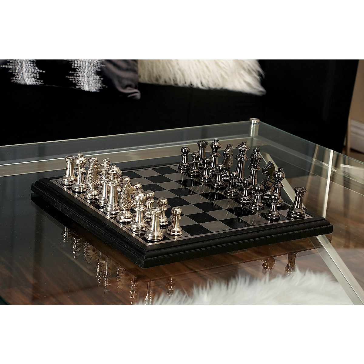 Deco 79 Aluminum Chess Game Set with Black and Silver Pieces, 12" x 12" x 1", Black